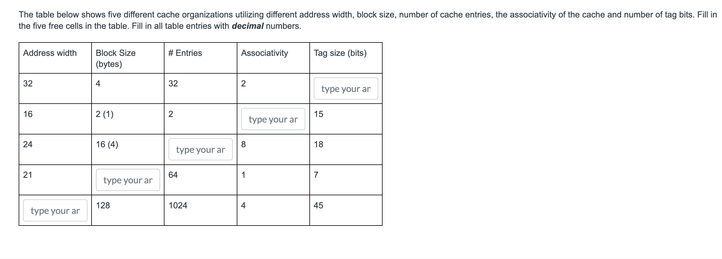 Solved The table below shows five different cache | Chegg.com