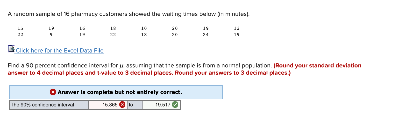 Solved A random sample of 16 pharmacy customers showed the | Chegg.com