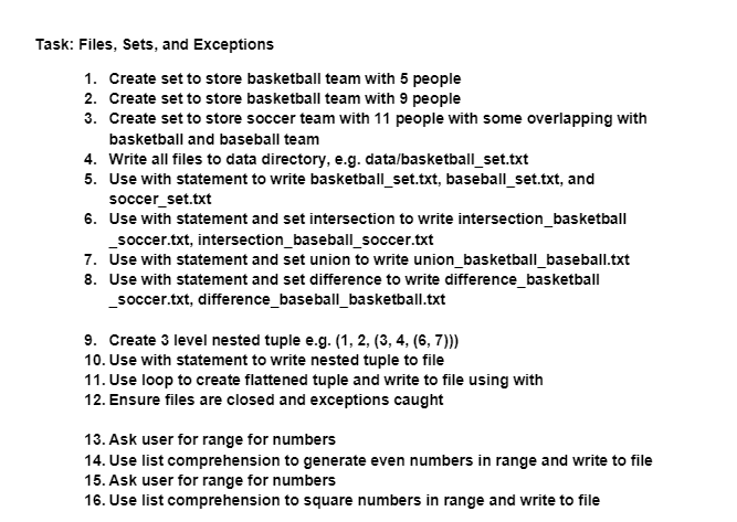 Solved Task: Files, Sets, and Exceptions 1. Create set to | Chegg.com
