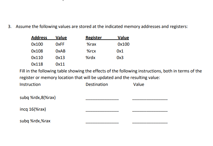 Solved 3. Assume the following values are stored at the | Chegg.com