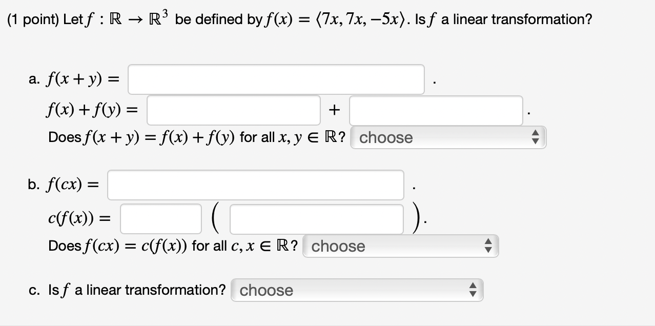 Solved 1 point) Let f:R→R3 be defined by f(x)= 7x,7x,−5x . | Chegg.com