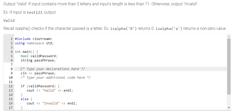 Solved Output "Valid" if input contains more than 3 letters | Chegg.com