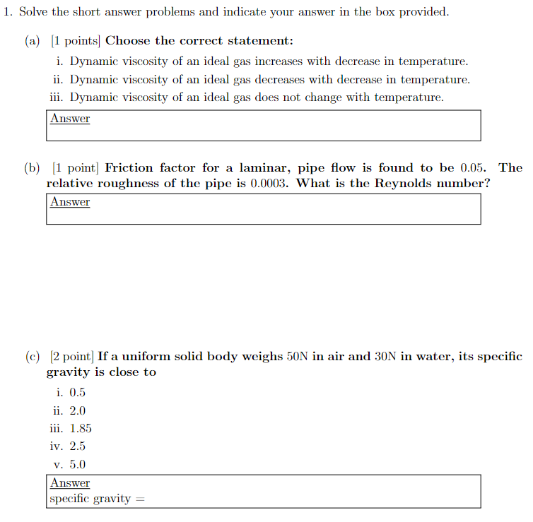Solved 1. Solve the short answer problems and indicate your | Chegg.com