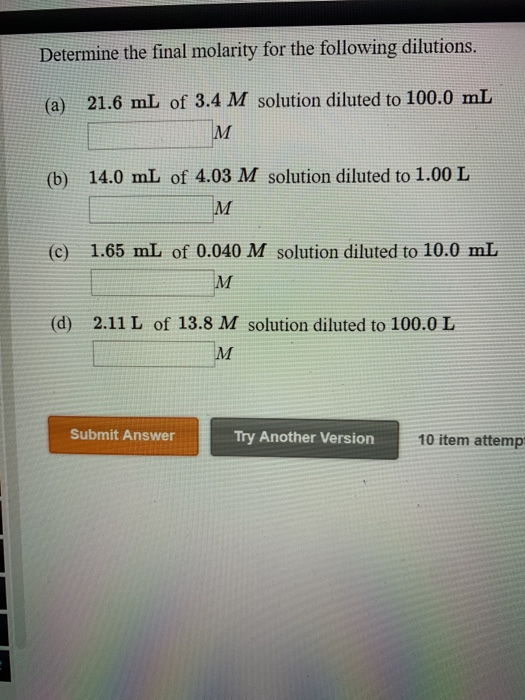 Solved Determine the final molarity for the following | Chegg.com