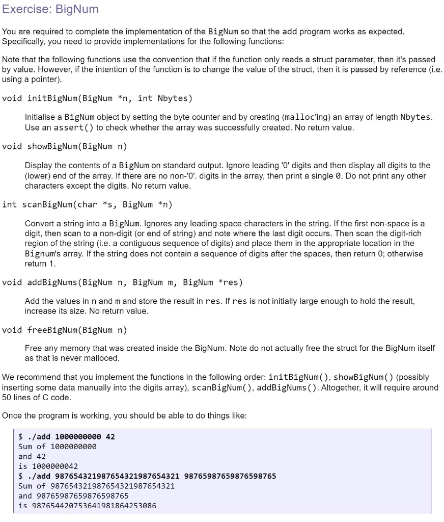 Solved Exercise: BigNum You are required to complete the | Chegg.com