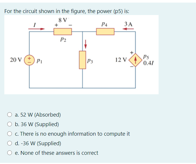 Solved For the circuit shown in the figure, the power (p5) | Chegg.com