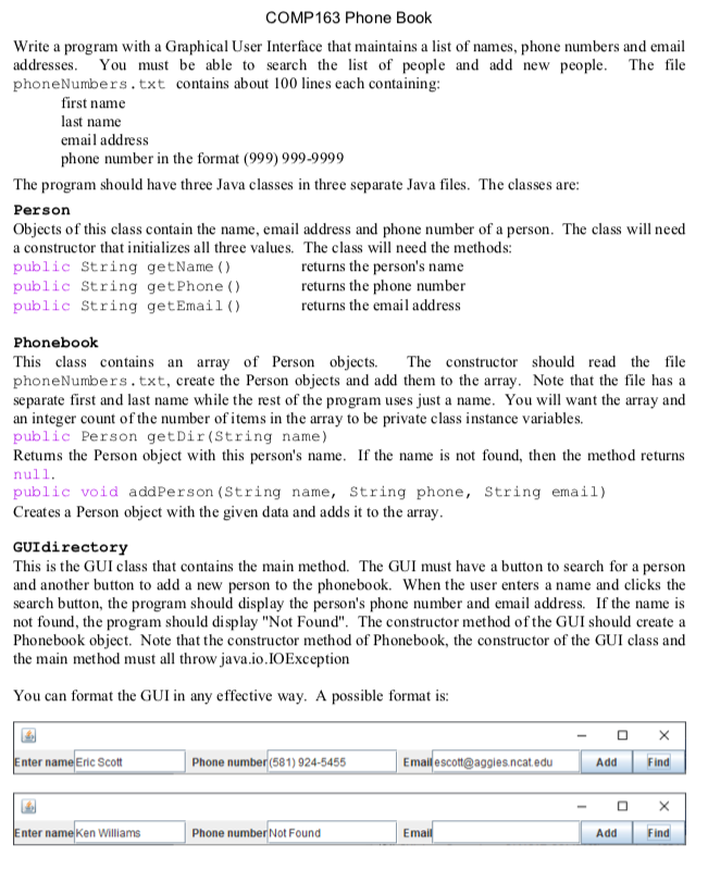 Solved COMP163 Phone Book Write a program with a Graphical | Chegg.com