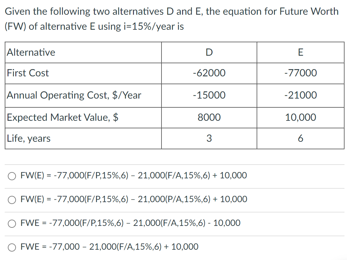 Solved Given the following two alternatives D and E, the | Chegg.com