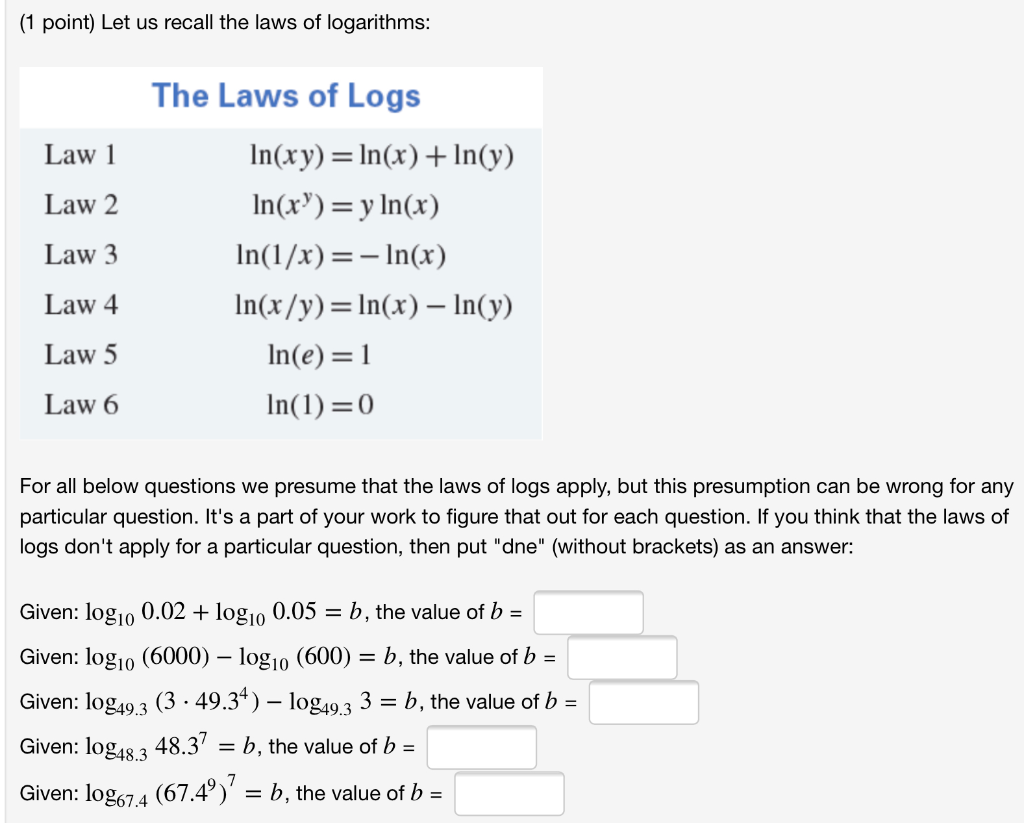 Solved (1 point) Let us recall the laws of logarithms: The | Chegg.com