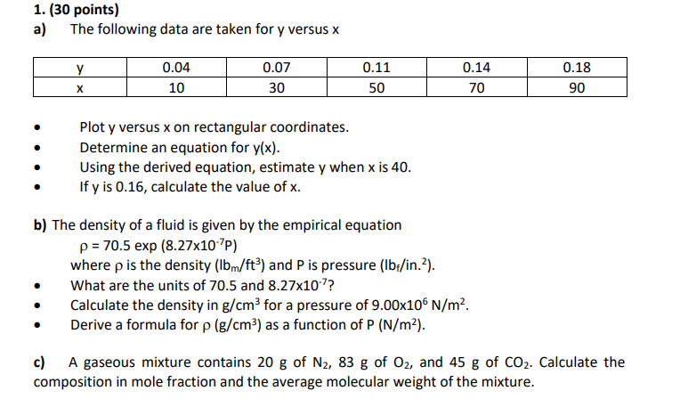 Solved 1. (30 points) a) The following data are taken for y | Chegg.com