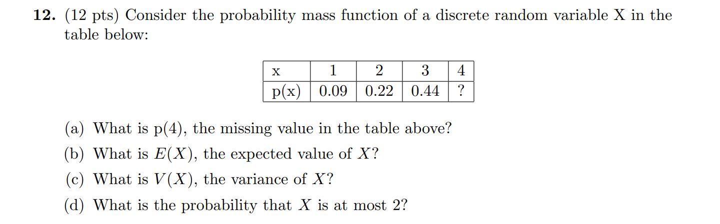 Solved 12. (12 pts) Consider the probability mass function | Chegg.com