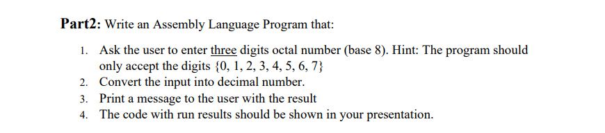 Solved Part2: Write an Assembly Language Program that: 1. | Chegg.com