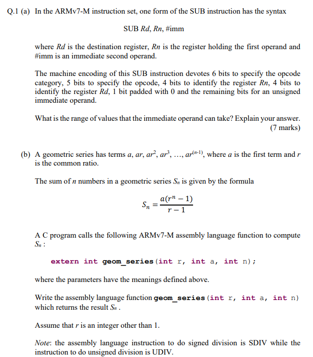 Q.1 (a) In the ARMv7-M instruction set, one form of | Chegg.com