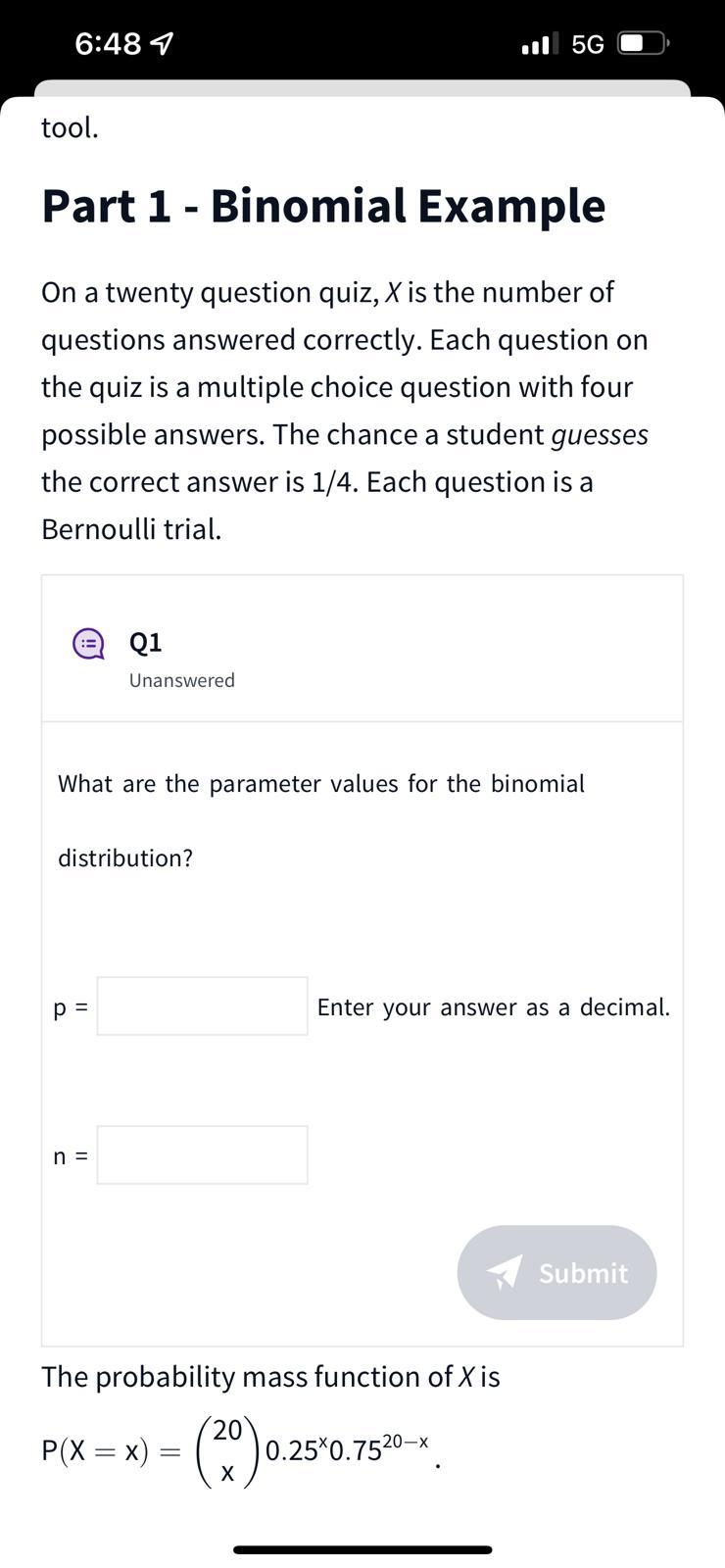 Solved 6:48 9 il 5G tool. Part 1 - Binomial Example - On a | Chegg.com