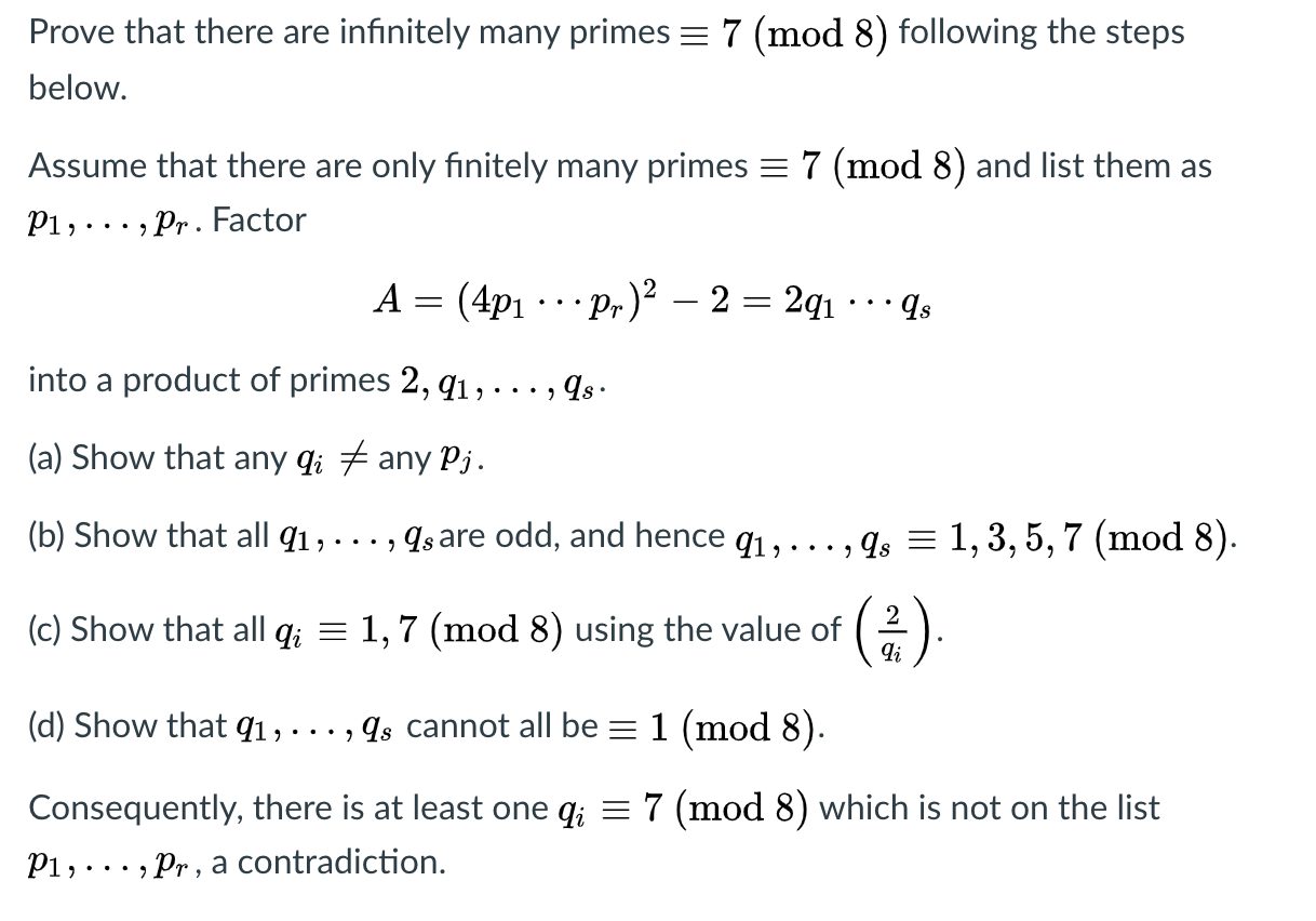 Solved Prove that there are infinitely many primes = 7 (mod | Chegg.com