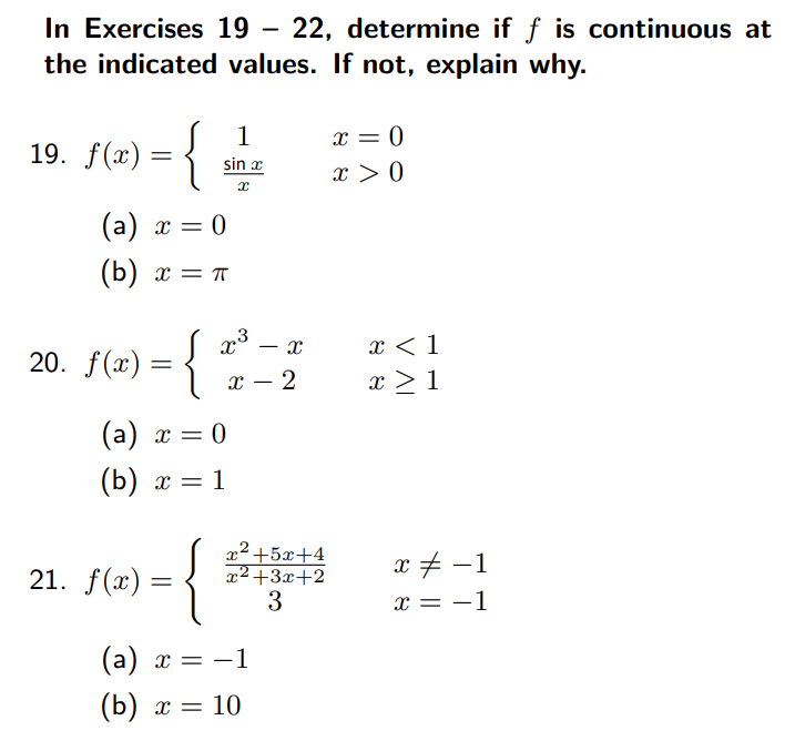 Solved In Exercises 19−22, determine if f is continuous at | Chegg.com