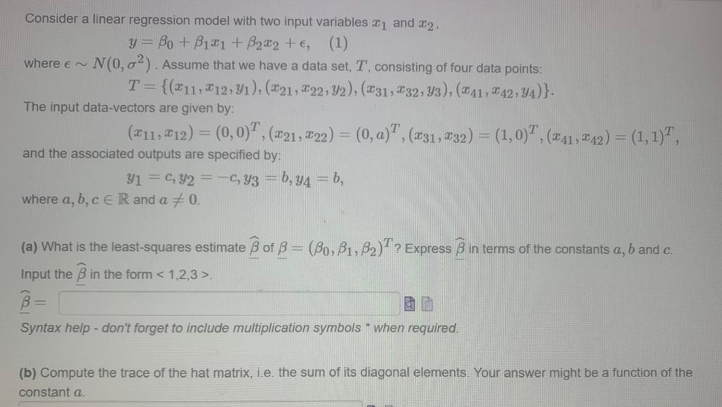 where e Consider a linear regression model with two | Chegg.com