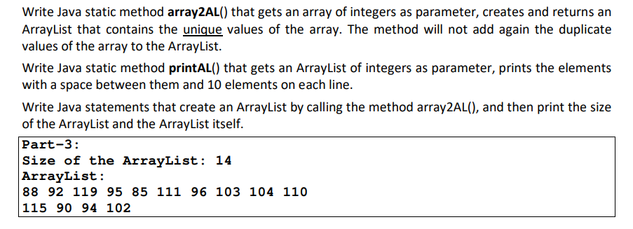 Solved Write Java static method array2AL() that gets an | Chegg.com