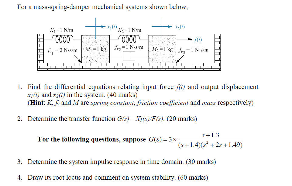 Solved For a mass-spring-damper mechanical systems shown | Chegg.com