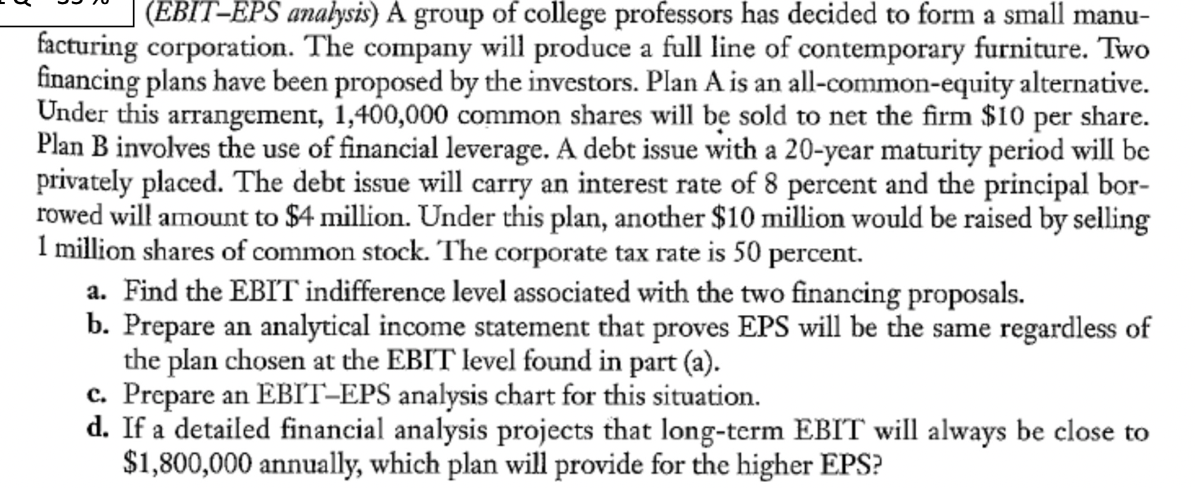 Solved (EBIT-EPS analysis) A group of college professors has | Chegg.com