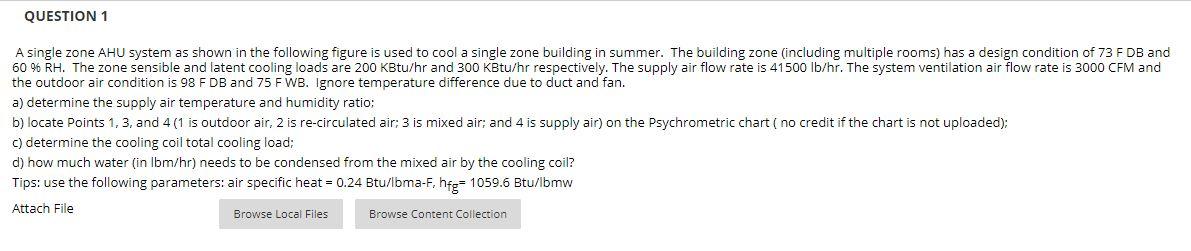 QUESTION 1 A single zone AHU system as shown in the | Chegg.com