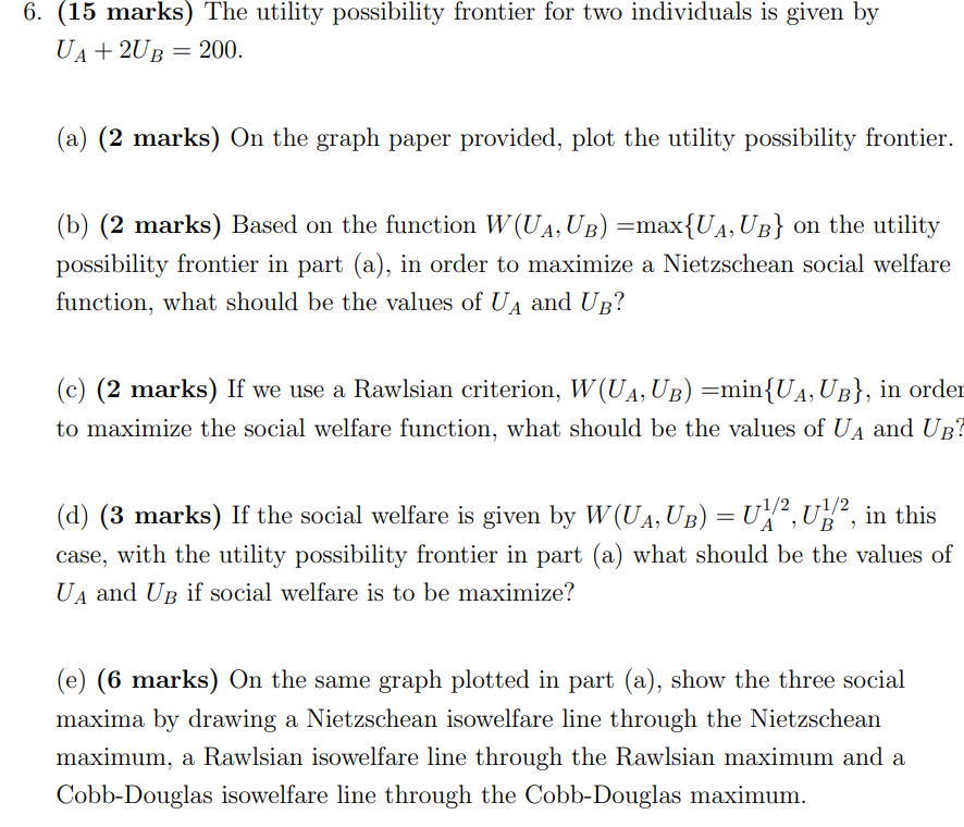 Solved 6. (15 marks) The utility possibility frontier for | Chegg.com