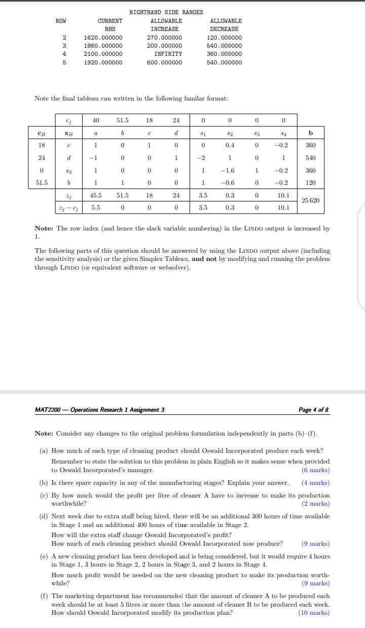 Solved ROW 2 3 4 5 CURRENT RHS 1620.000000 1860.000000 | Chegg.com