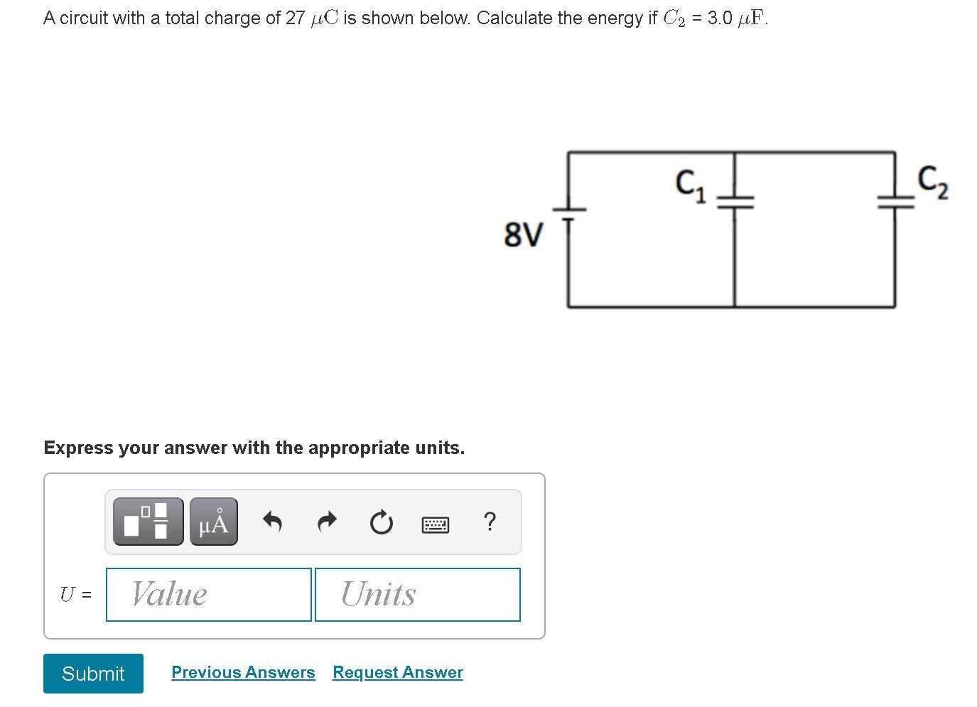 Solved A circuit with a total charge of 27 uC is shown | Chegg.com
