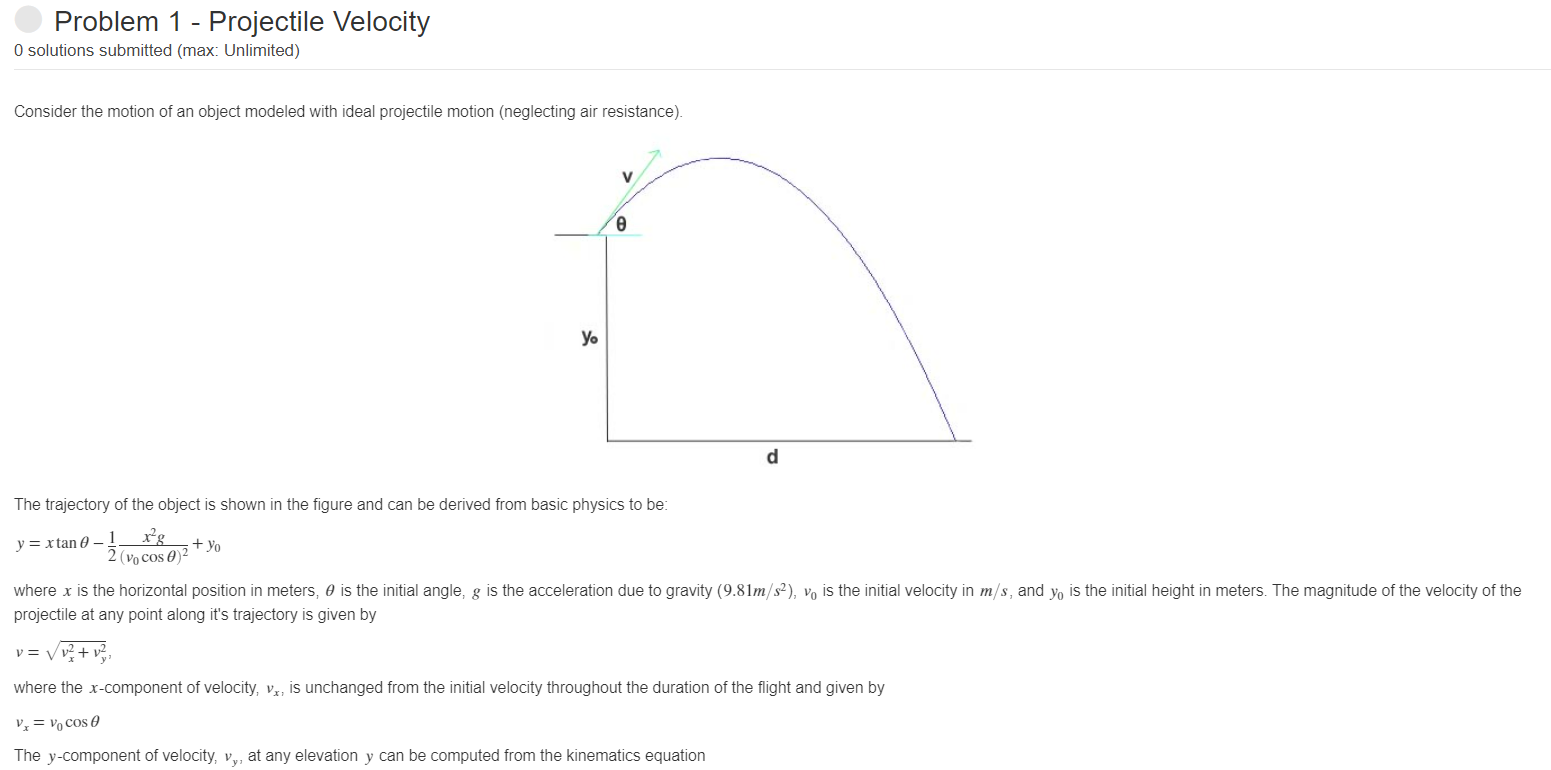 Solved Problem 1 - Projectile Velocity O solutions submitted | Chegg.com