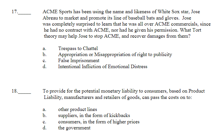Solved 17. ACME Sports has been using the name and likeness | Chegg.com