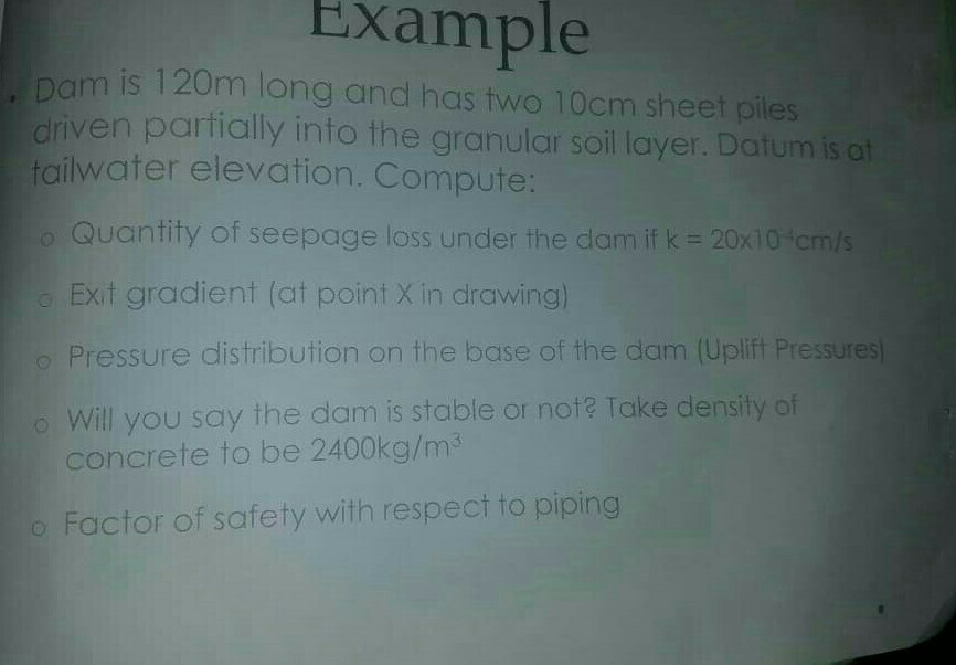 Solved Example Dam is 120m long and has two 10cm sheet piles | Chegg.com