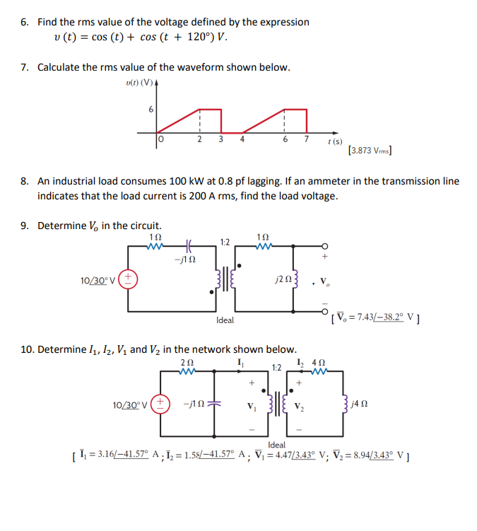 Solved v(t)=cos(t)+cos(t+120∘)V 7. Calculate the rms value | Chegg.com