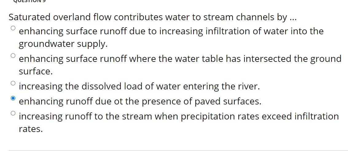 Solved Saturated overland flow contributes water to stream | Chegg.com