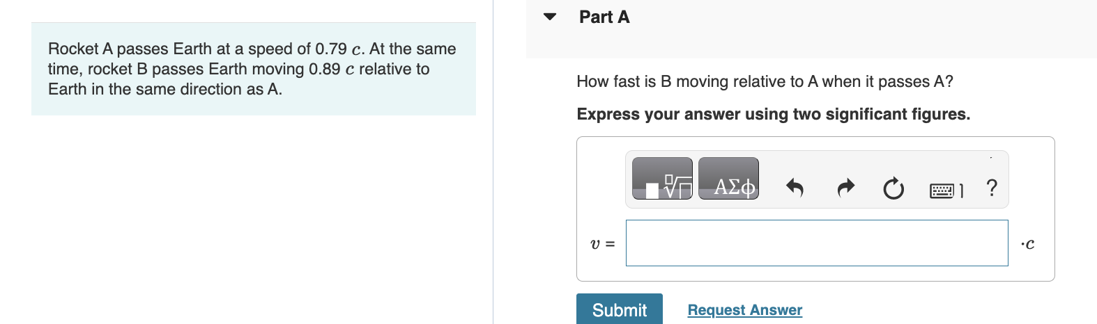 Solved Rocket A passes Earth at a speed of 0.79c. At the | Chegg.com