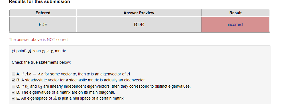 Solved (1 point) A is an n×n matrix. Check the true | Chegg.com