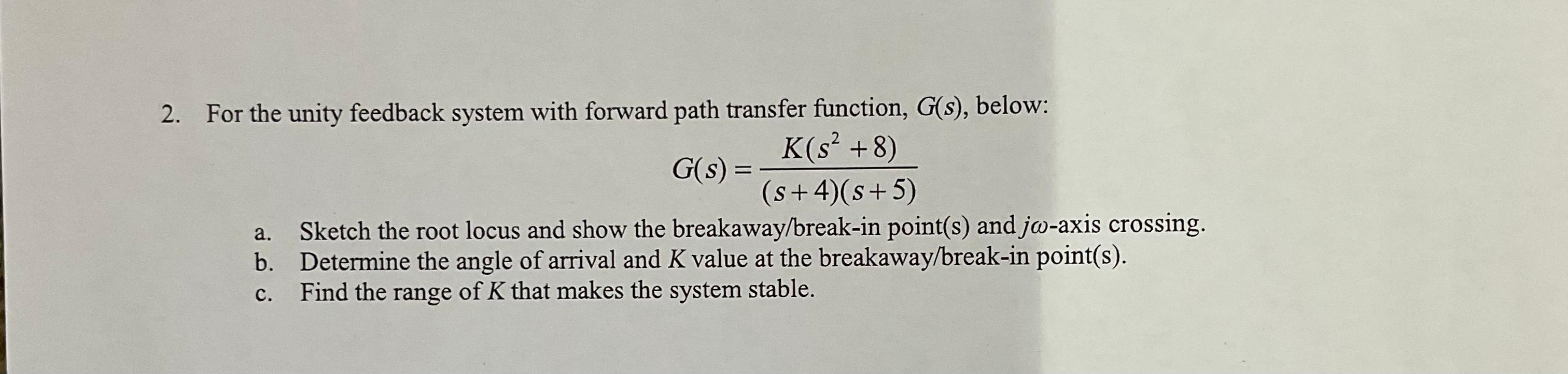 Solved 2. For the unity feedback system with forward path | Chegg.com
