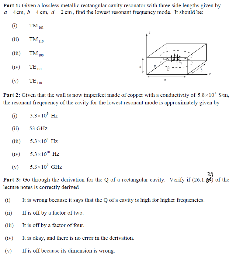 Solved Part 1: Given a lossless metallic rectangular cavity | Chegg.com
