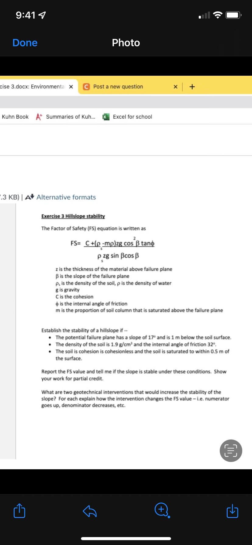Exercise 3 Hillslope stability The Factor of Safety | Chegg.com