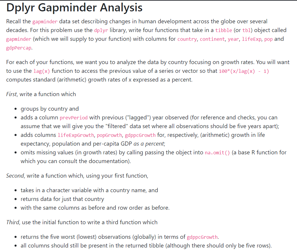 Dplyr Gapminder Analysis Recall the gapminder data | Chegg.com