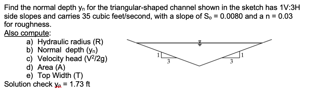 Solved al depth yn for the triangular-shaped channel shown | Chegg.com