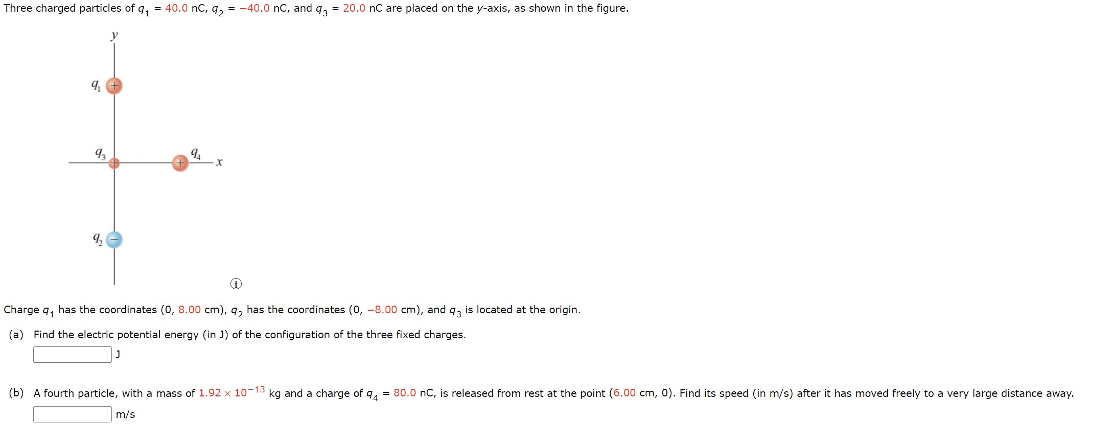 Solved Three charged particles of q1=40.0nC,q2=−40.0nC, and | Chegg.com
