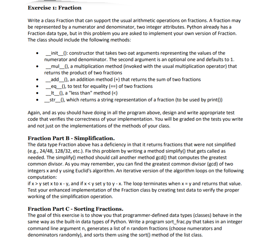 Solved Exercise 1: Fraction Write a class Fraction that can | Chegg.com