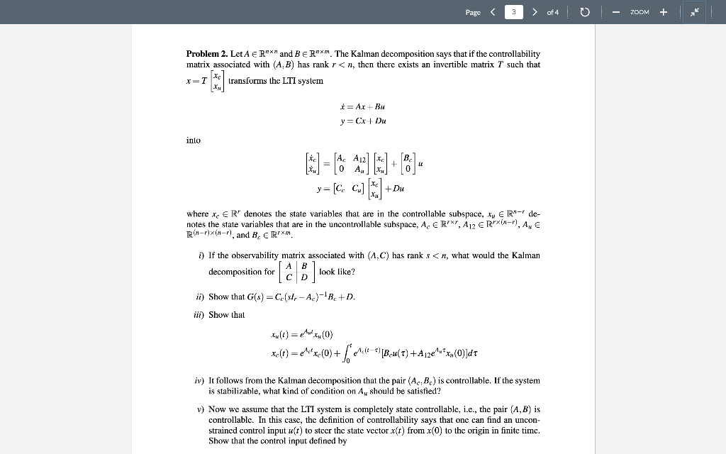 Solved Problem 2. Let A∈Rn×n and B∈Rn×m. The Kalman | Chegg.com