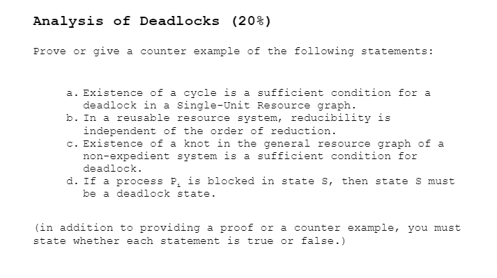 Solved Analysis of Deadlocks (20%) Prove or give a counter | Chegg.com