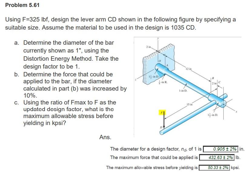 Solved Problem 5.61 Using F=325 lbf, design the lever arm CD | Chegg.com