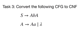 Solved Task 3: Convert the following CFG to CNF S→AbAA→Aa∣λ | Chegg.com
