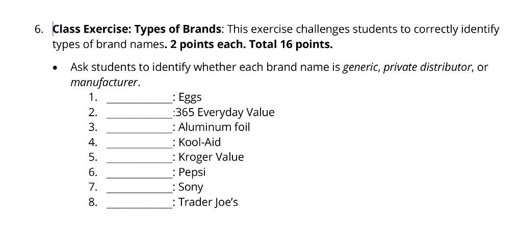 Solved 6. Class Exercise: Types of Brands: This exercise | Chegg.com