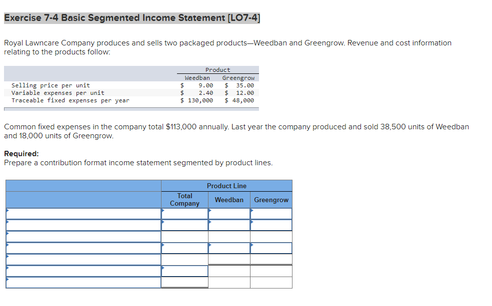 Solved Exercise 7-4 Basic Segmented Income Statement [L07-4] | Chegg.com