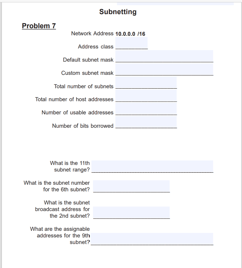 Solved Subnetting Problem 7 Network Address 10.0.0.0 /16 | Chegg.com