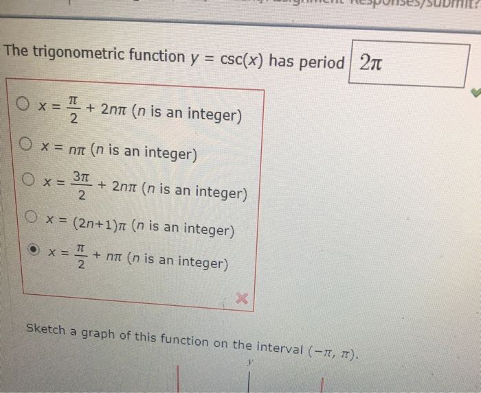 Solved The trigonometric function y = csc(x) has period 2 pi | Chegg.com